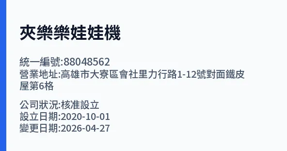 夾樂樂娃娃機的照片-統編 88048562(高雄市) 公司登記資料與營業項目詳細圖表