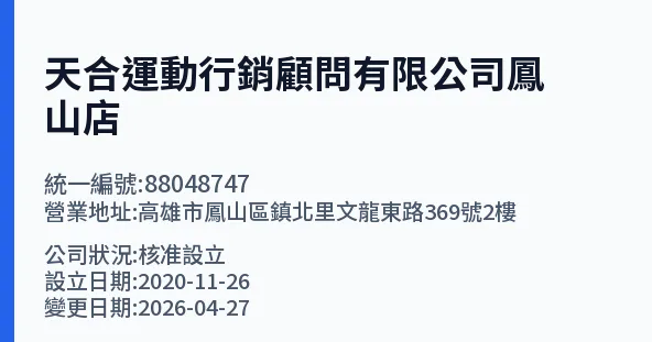 天合運動行銷顧問有限公司鳳山店的照片-統編 88048747(高雄市) 公司登記資料與營業項目詳細圖表