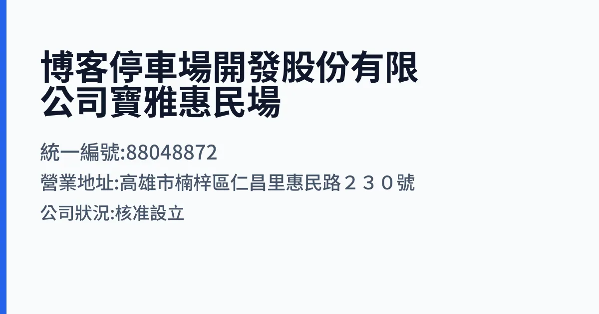 博客停車場開發股份有限公司寶雅惠民場 - 統編 88048872(高雄市) 公司登記資料與營業項目詳細圖表