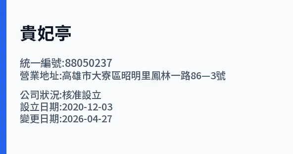 貴妃亭的照片-統編 88050237(高雄市) 公司登記資料與營業項目詳細圖表