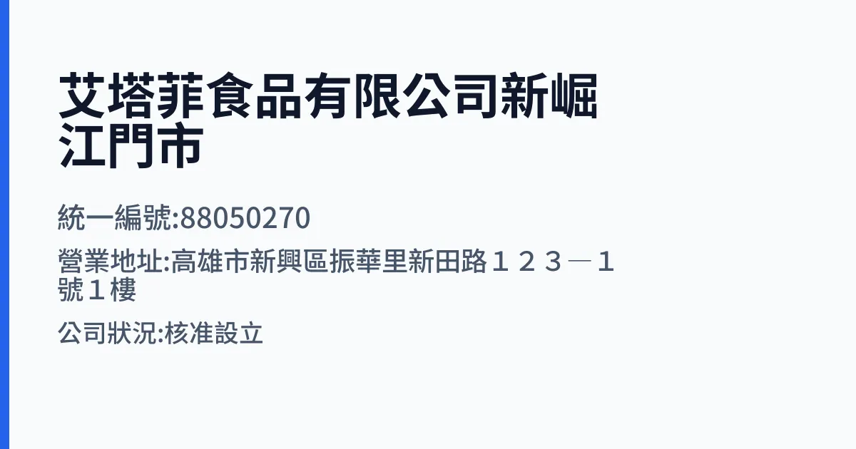艾塔菲食品有限公司新崛江門市 - 統編 88050270(高雄市) 公司登記資料與營業項目詳細圖表