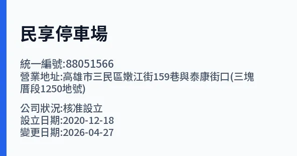 民享停車場的照片-統編 88051566(高雄市) 公司登記資料與營業項目詳細圖表