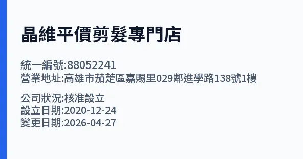 晶維平價剪髮專門店的照片-統編 88052241(高雄市) 公司登記資料與營業項目詳細圖表