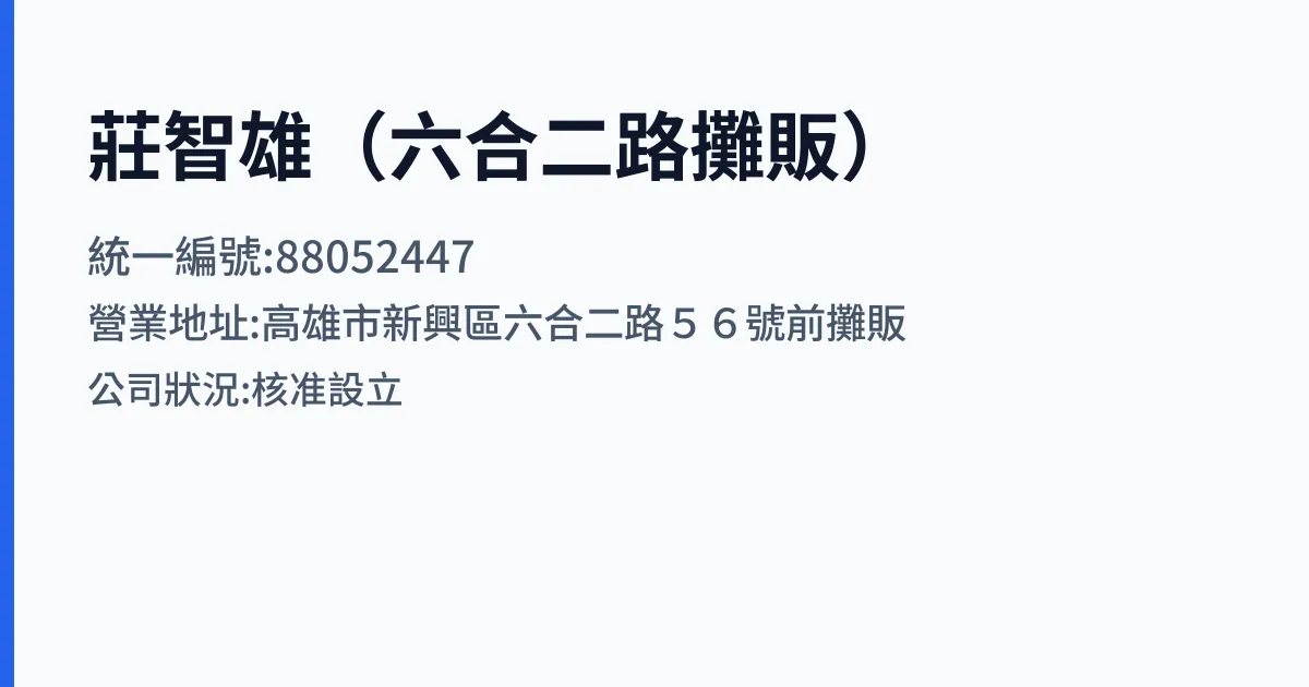 莊智雄（六合二路攤販） - 統編 88052447(高雄市) 公司登記資料與營業項目詳細圖表