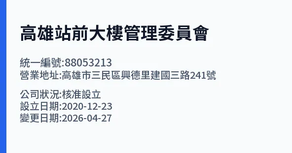 高雄站前大樓管理委員會的照片-統編 88053213(高雄市) 公司登記資料與營業項目詳細圖表