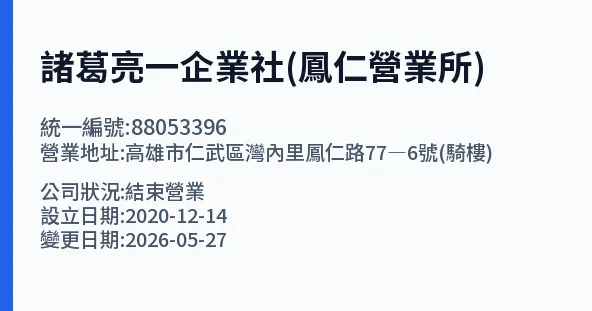 諸葛亮一企業社(鳳仁營業所)的照片-統編 88053396(高雄市) 公司登記資料與營業項目詳細圖表