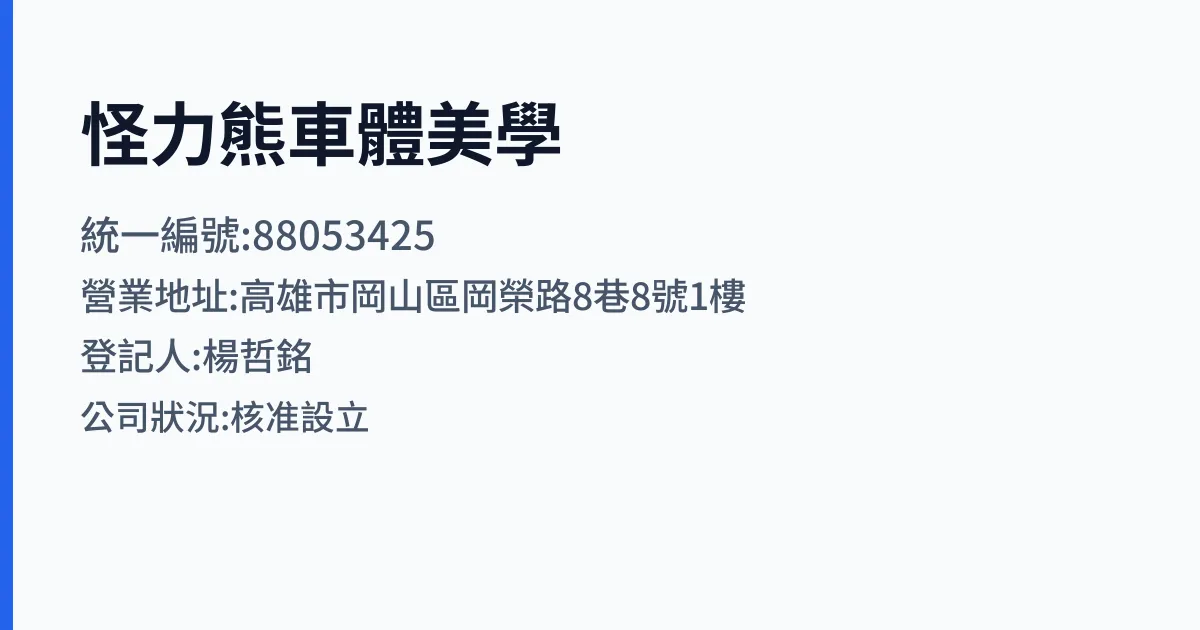 怪力熊車體美學 - 統編 88053425(高雄市) 公司登記資料與營業項目詳細圖表