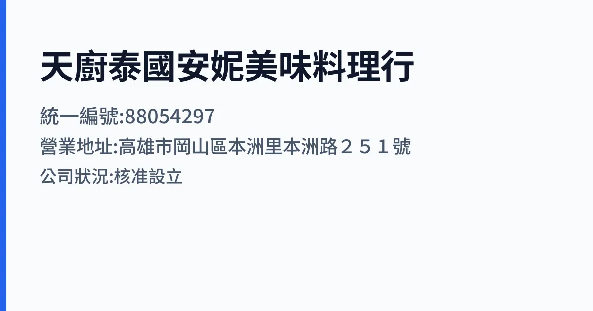 天廚泰國安妮美味料理行 - 統編 88054297(高雄市) 公司登記資料與營業項目詳細圖表