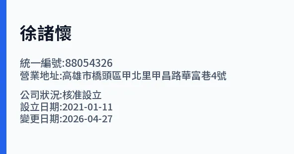 徐諸懷的照片-統編 88054326(高雄市) 公司登記資料與營業項目詳細圖表
