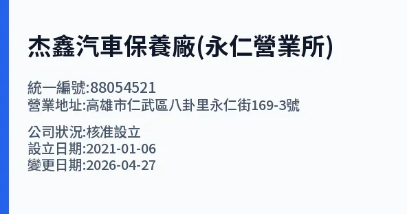 杰鑫汽車保養廠(永仁營業所)的照片-統編 88054521(高雄市) 公司登記資料與營業項目詳細圖表