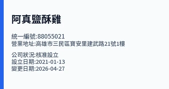 阿真鹽酥雞的照片-統編 88055021(高雄市) 公司登記資料與營業項目詳細圖表