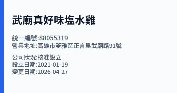 武廟真好味塩水雞的照片-統編 88055319(高雄市) 公司登記資料與營業項目詳細圖表