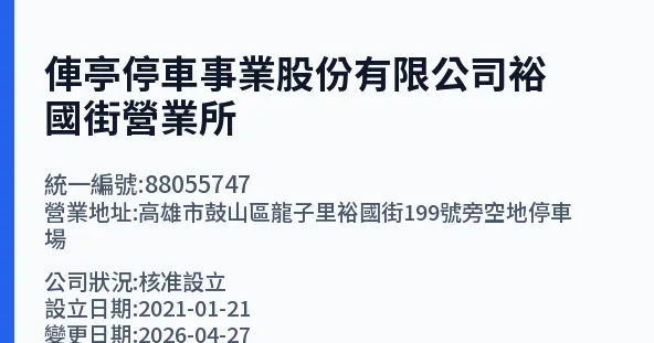 俥亭停車事業股份有限公司裕國街營業所的照片-統編 88055747(高雄市) 公司登記資料與營業項目詳細圖表