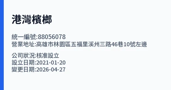 港灣檳榔的照片-統編 88056078(高雄市) 公司登記資料與營業項目詳細圖表