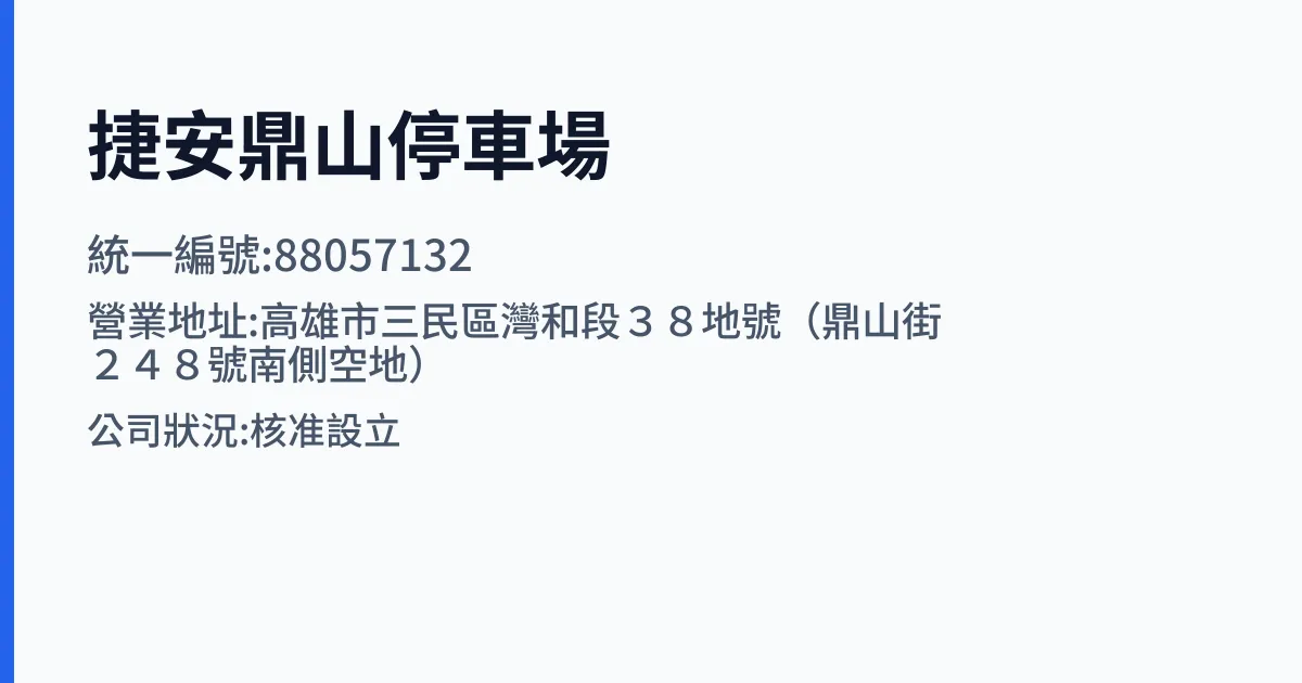 捷安鼎山停車場 - 統編 88057132(高雄市) 公司登記資料與營業項目詳細圖表