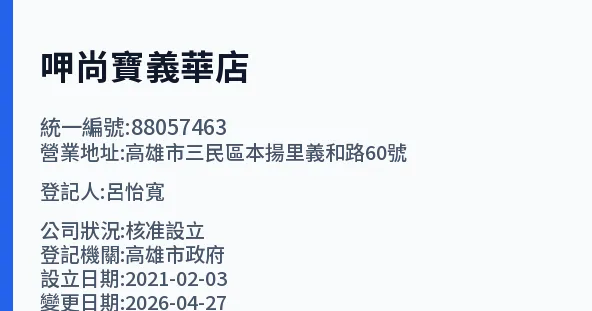 呷尚寶義華店的照片-統編 88057463(高雄市) 公司登記資料與營業項目詳細圖表