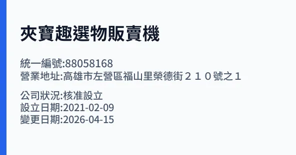 夾寶趣選物販賣機的照片-統編 88058168(高雄市) 公司登記資料與營業項目詳細圖表