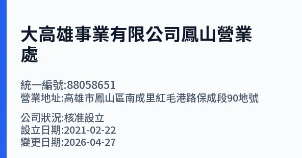 大高雄事業有限公司鳳山營業處的照片-統編 88058651(高雄市) 公司登記資料與營業項目詳細圖表