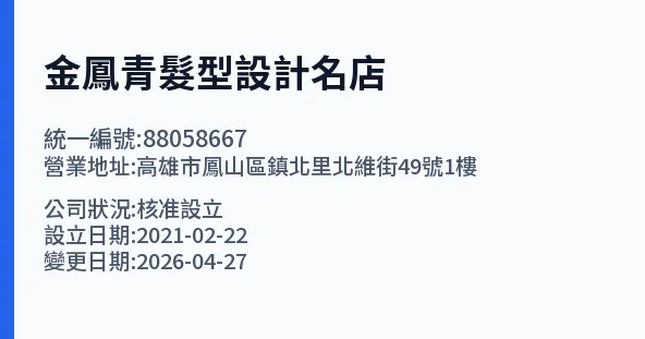 金鳳青髮型設計名店的照片-統編 88058667(高雄市) 公司登記資料與營業項目詳細圖表