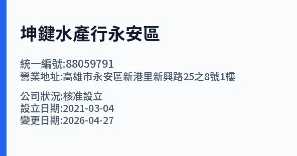 坤鍵水產行永安區的照片-統編 88059791(高雄市) 公司登記資料與營業項目詳細圖表