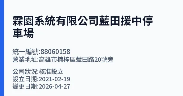 霖園系統有限公司藍田援中停車場的照片-統編 88060158(高雄市) 公司登記資料與營業項目詳細圖表