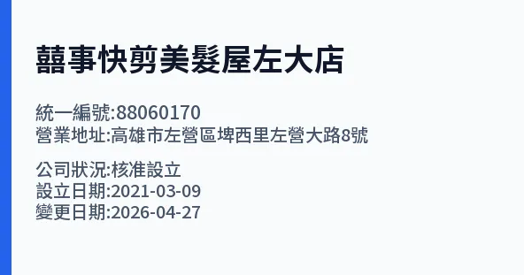 囍事快剪美髮屋左大店的照片-統編 88060170(高雄市) 公司登記資料與營業項目詳細圖表