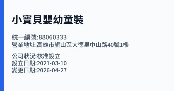 小寶貝嬰幼童裝的照片-統編 88060333(高雄市) 公司登記資料與營業項目詳細圖表