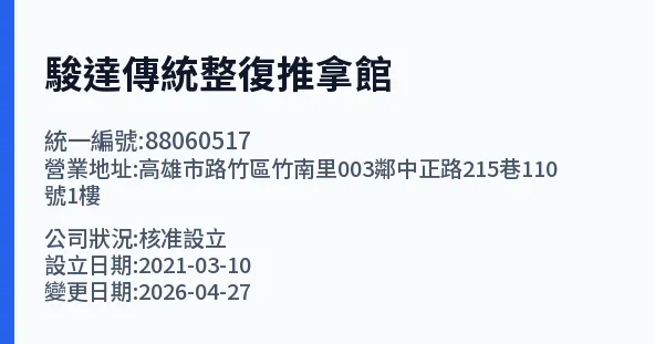 駿達傳統整復推拿館的照片-統編 88060517(高雄市) 公司登記資料與營業項目詳細圖表