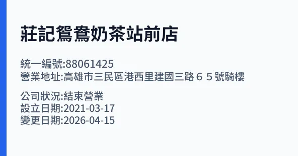 莊記鴛鴦奶茶站前店的照片-統編 88061425(高雄市) 公司登記資料與營業項目詳細圖表