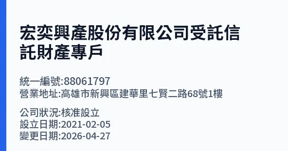 宏奕興產股份有限公司受託信託財產專戶的照片-統編 88061797(高雄市) 公司登記資料與營業項目詳細圖表