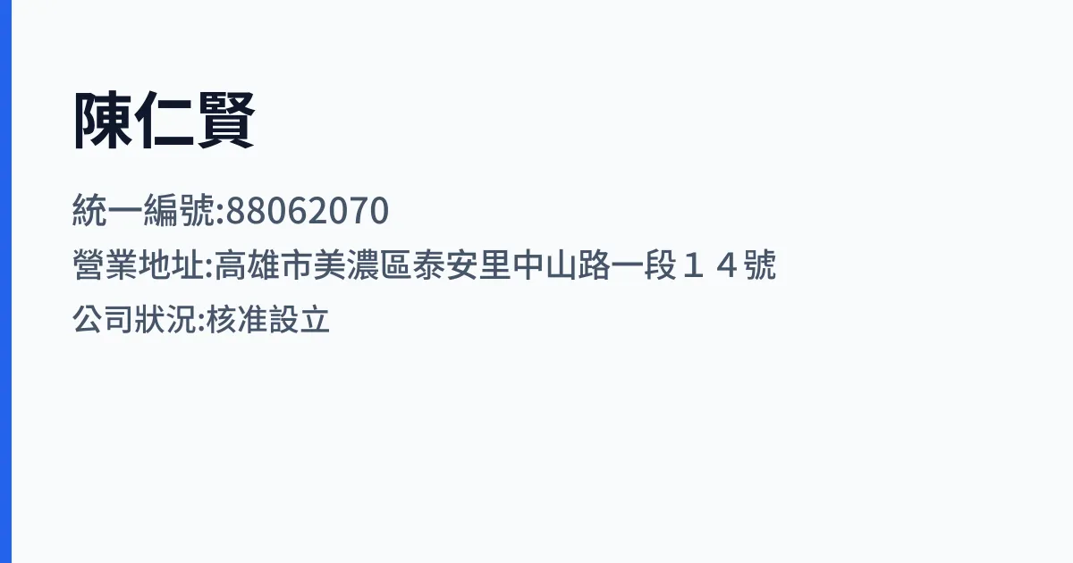 陳仁賢 - 統編 88062070(高雄市) 公司登記資料與營業項目詳細圖表