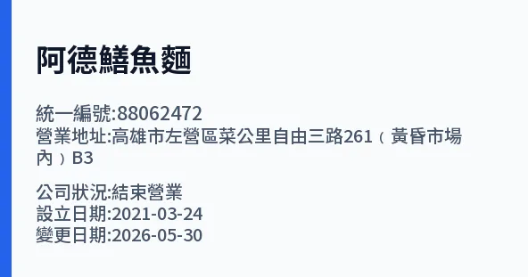 阿德鱔魚麵的照片-統編 88062472(高雄市) 公司登記資料與營業項目詳細圖表