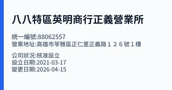 八八特區英明商行正義營業所的照片-統編 88062557(高雄市) 公司登記資料與營業項目詳細圖表
