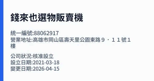 錢來也選物販賣機的照片-統編 88062917(高雄市) 公司登記資料與營業項目詳細圖表