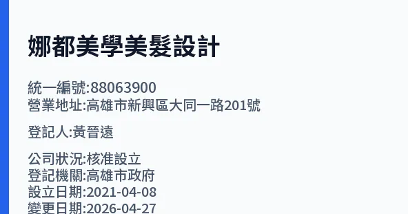 娜都美學美髮設計的照片-統編 88063900(高雄市) 公司登記資料與營業項目詳細圖表