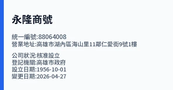 永隆商號的照片-統編 88064008(高雄市) 公司登記資料與營業項目詳細圖表