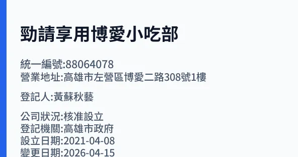 勁請享用博愛小吃部的照片-統編 88064078(高雄市) 公司登記資料與營業項目詳細圖表
