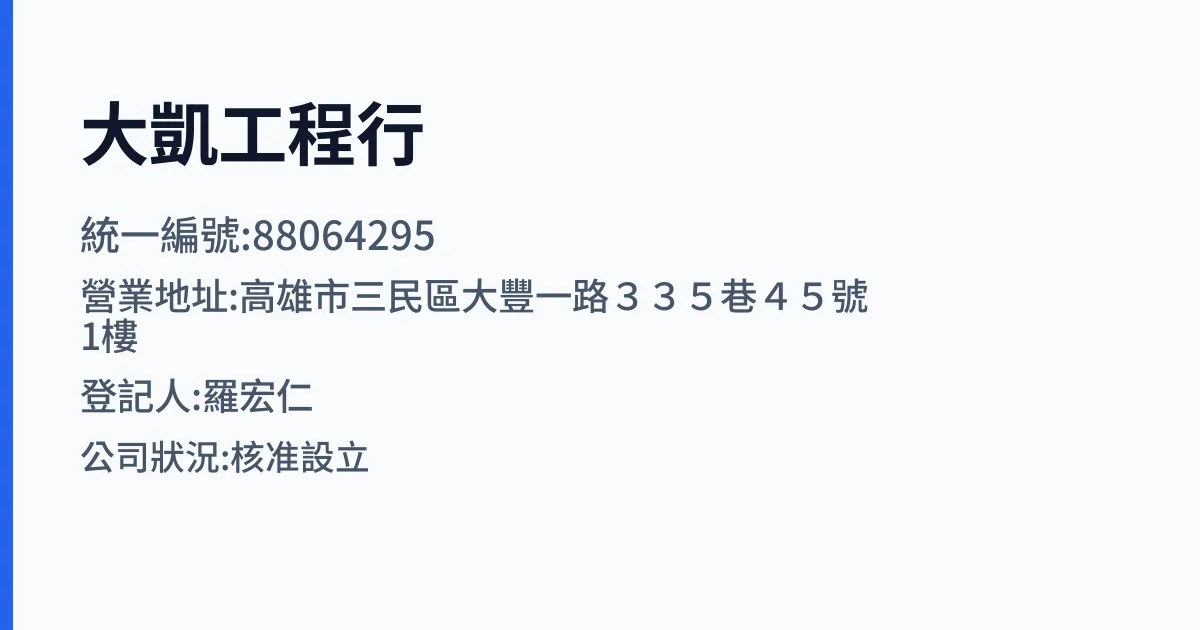 大凱工程行 - 統編 88064295(高雄市) 公司登記資料與營業項目詳細圖表