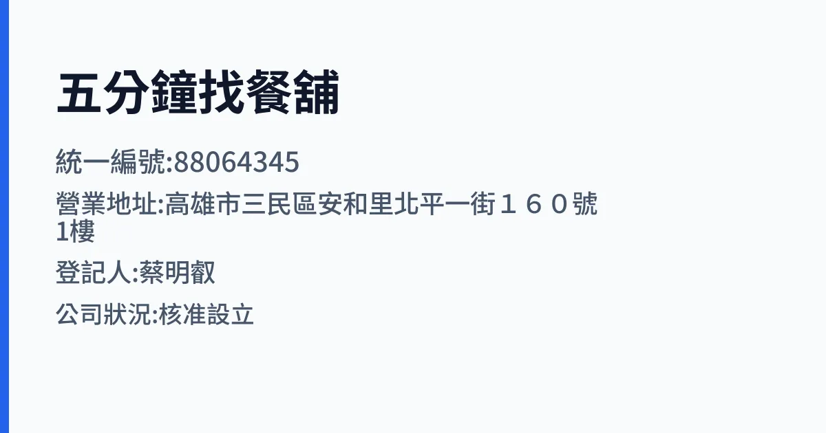 五分鐘找餐舖 - 統編 88064345（高雄市） 公司登記資料與營業項目詳細圖表