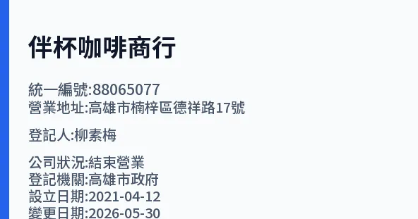 伴杯咖啡商行的照片-統編 88065077(高雄市) 公司登記資料與營業項目詳細圖表