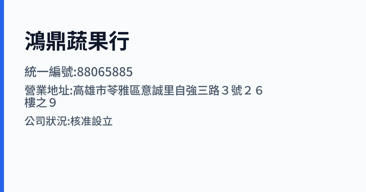 鴻鼎蔬果行 - 統編 88065885(高雄市) 公司登記資料與營業項目詳細圖表