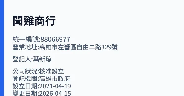 聞雞商行的照片-統編 88066977(高雄市) 公司登記資料與營業項目詳細圖表