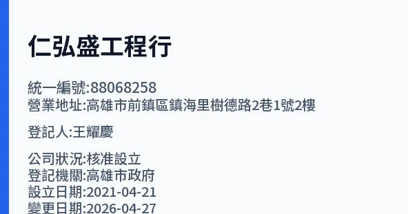 仁弘盛工程行的照片-統編 88068258(高雄市) 公司登記資料與營業項目詳細圖表