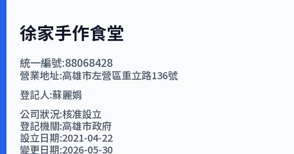 徐家手作食堂的照片-統編 88068428(高雄市) 公司登記資料與營業項目詳細圖表