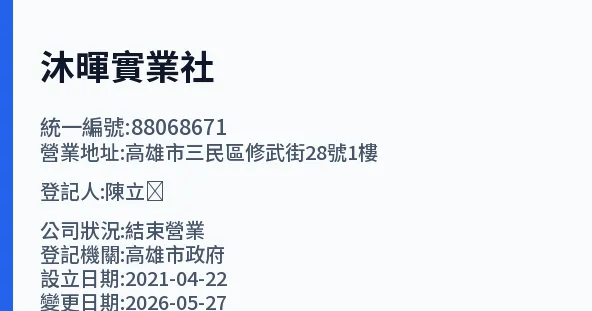 沐暉實業社的照片-統編 88068671(高雄市) 公司登記資料與營業項目詳細圖表