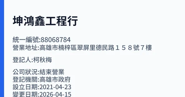 坤鴻鑫工程行的照片-統編 88068784(高雄市) 公司登記資料與營業項目詳細圖表