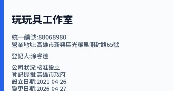 玩玩具工作室的照片-統編 88068980(高雄市) 公司登記資料與營業項目詳細圖表