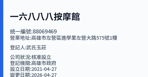 一六八八八按摩館的照片-統編 88069469(高雄市) 公司登記資料與營業項目詳細圖表
