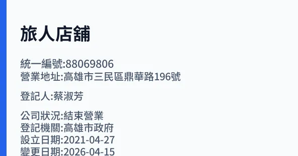 旅人店舖的照片-統編 88069806(高雄市) 公司登記資料與營業項目詳細圖表