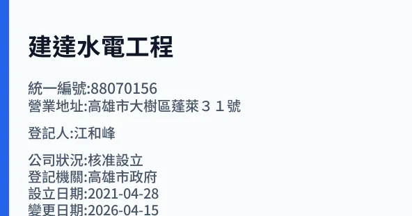 建達水電工程的照片-統編 88070156(高雄市) 公司登記資料與營業項目詳細圖表